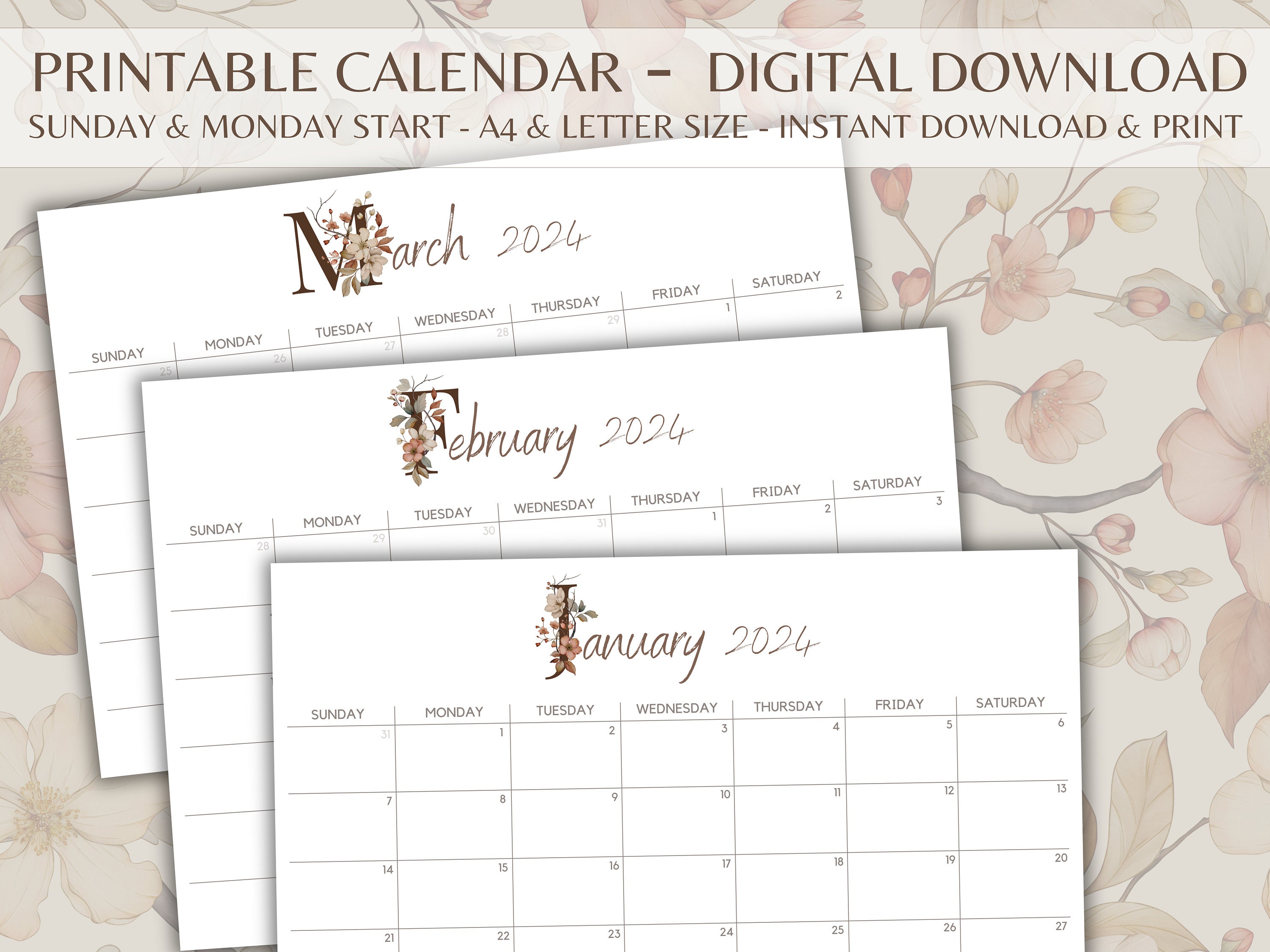 Printable Calendar 2024, Monthly Planner 2024, 12 Month Calendar ...