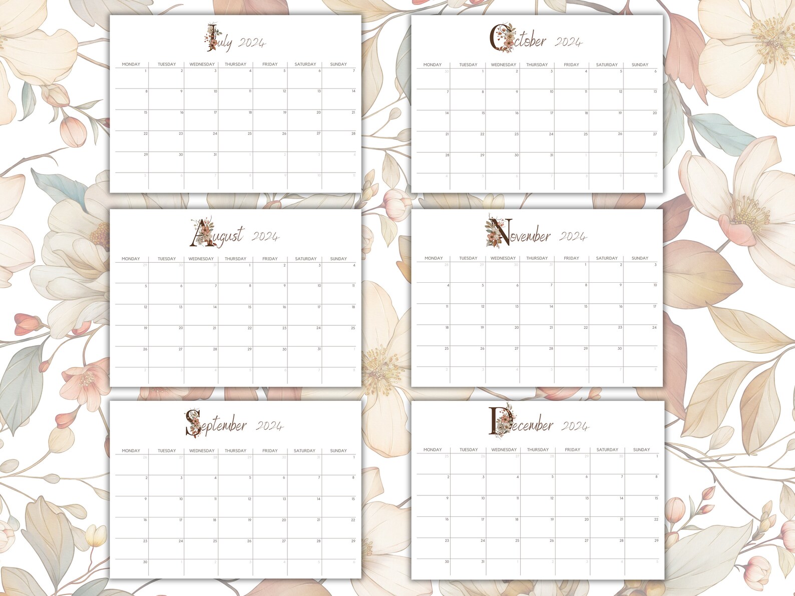 Printable Calendar 2024, Monthly Planner 2024, 12 Month Calendar ...