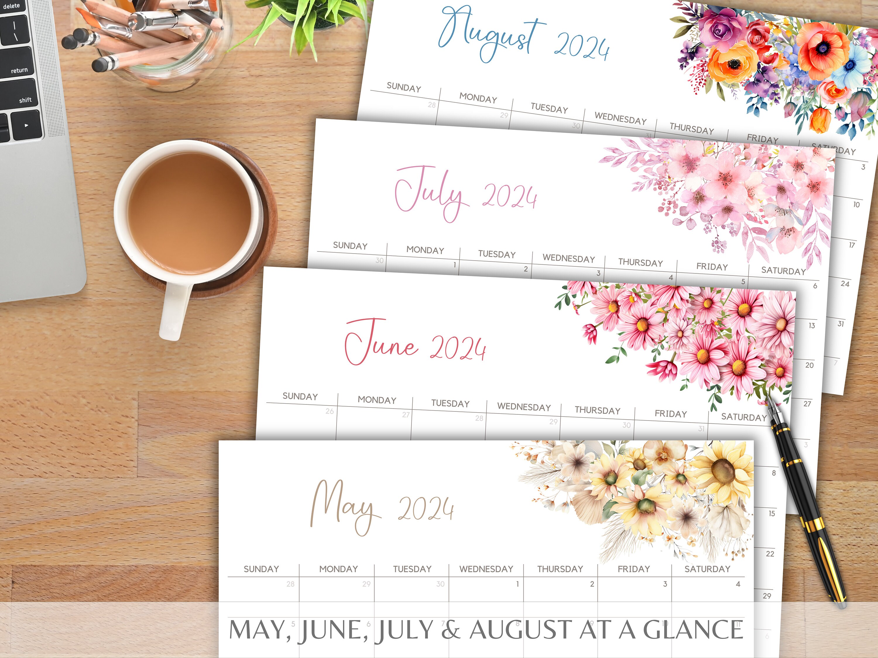 Printable Calendar 2024, Printable Monthly Calendar, Floral Theme, US ...