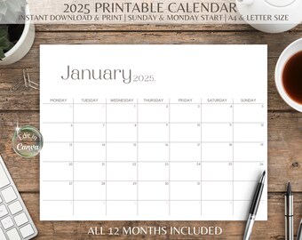 Editable 2025 Minimalist Calendar Printable | US Letter & A4 | Fillable ...