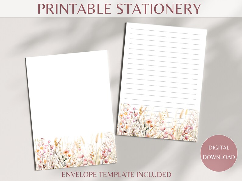 Printable Stationery, Printable Note Pad, Boho Wildflower Themed ...
