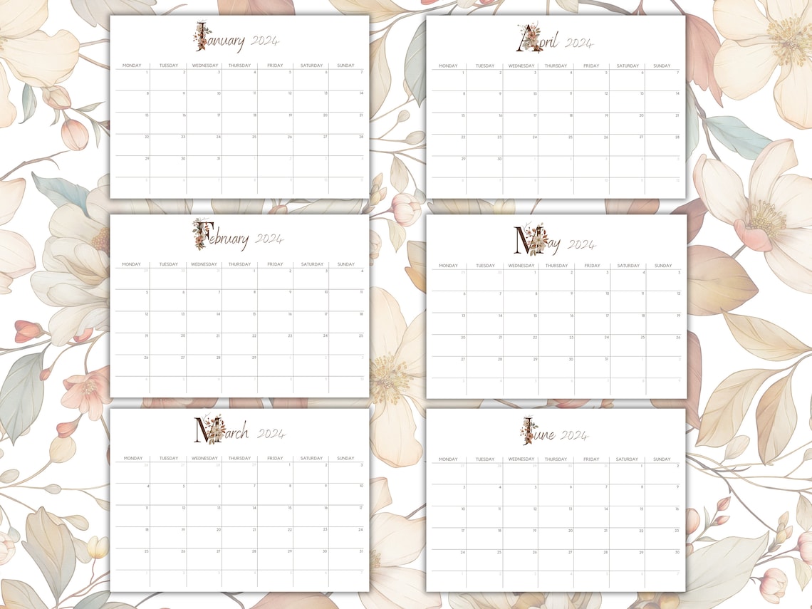 Printable Calendar 2024, Monthly Planner 2024, 12 Month Calendar ...