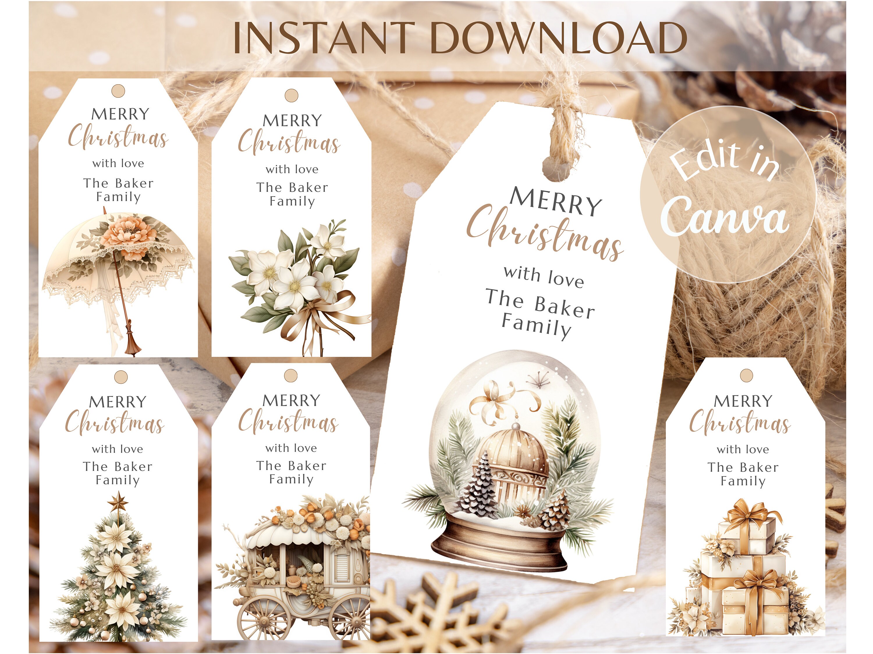 Printable Christmas Gift Tags, Boho Christmas Gift Tags, Vintage Boho ...