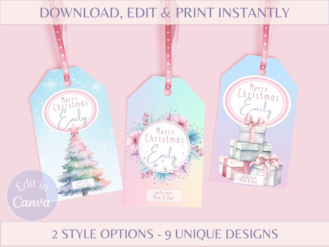 Pink Christmas Gift Tags, Editable Printable, 9 Unique Designs (digital ...
