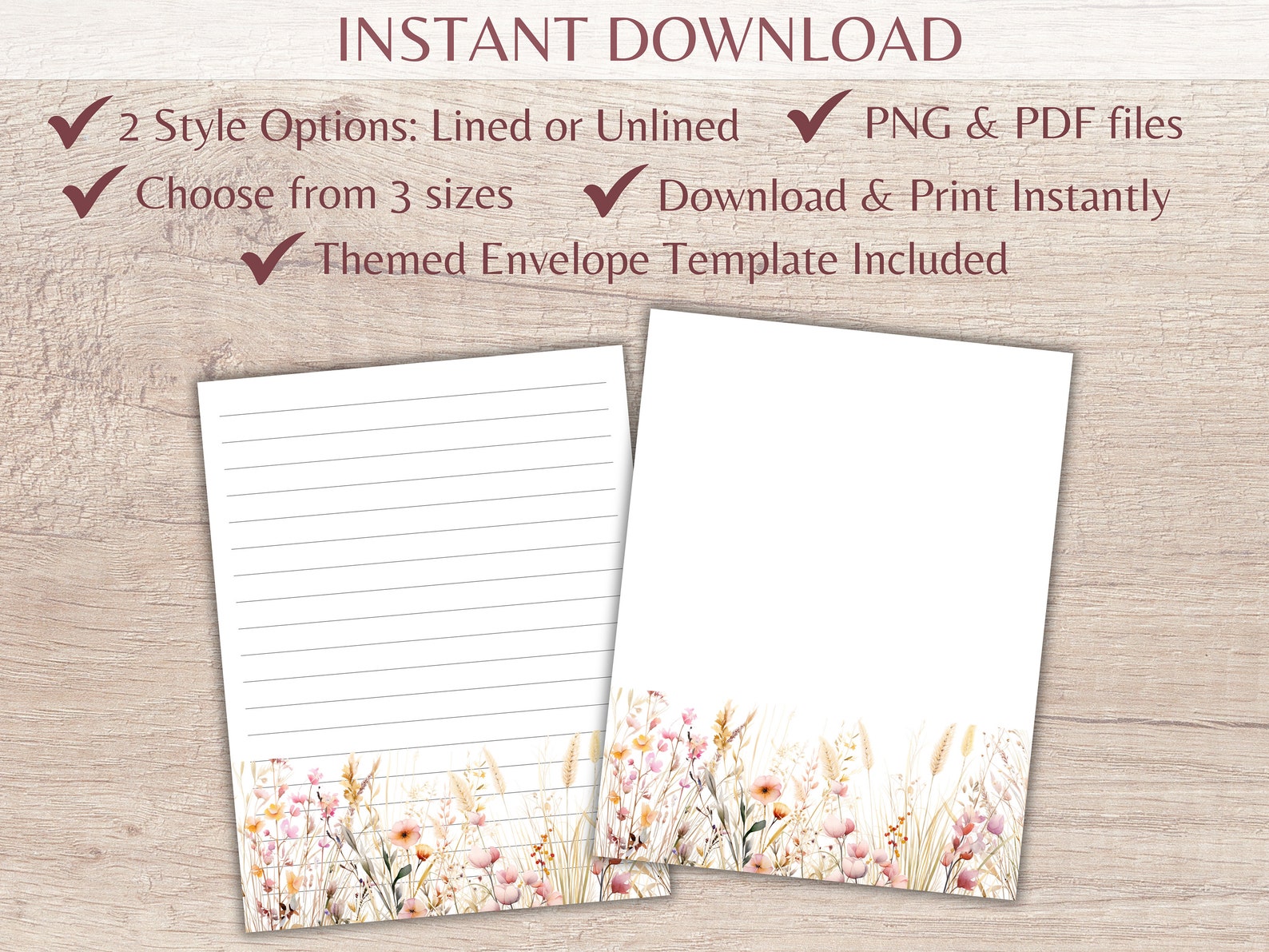 Printable Stationery, Printable Note Pad, Boho Wildflower Themed ...