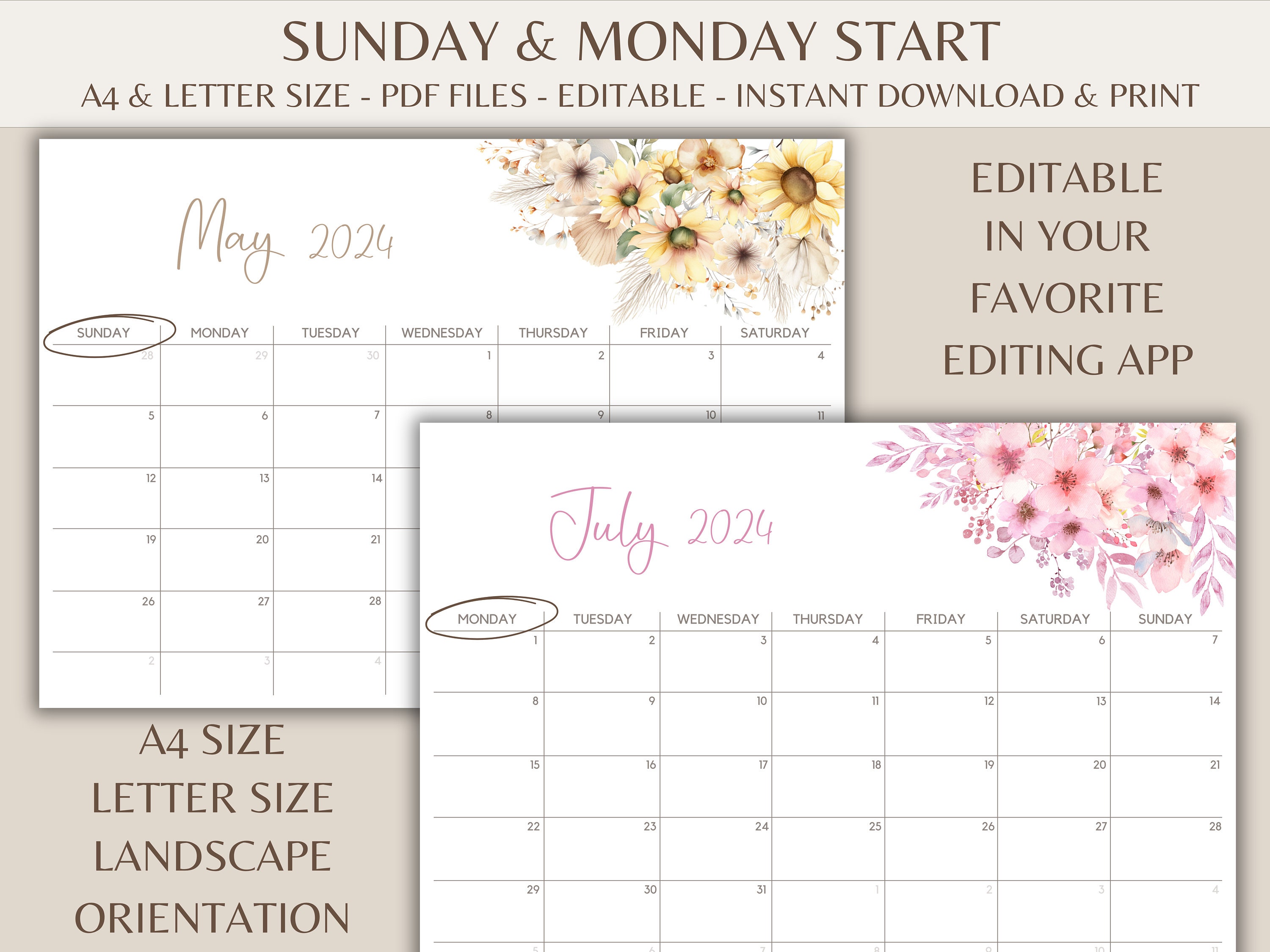 Printable Calendar 2024, Printable Monthly Calendar, Floral Theme, US ...