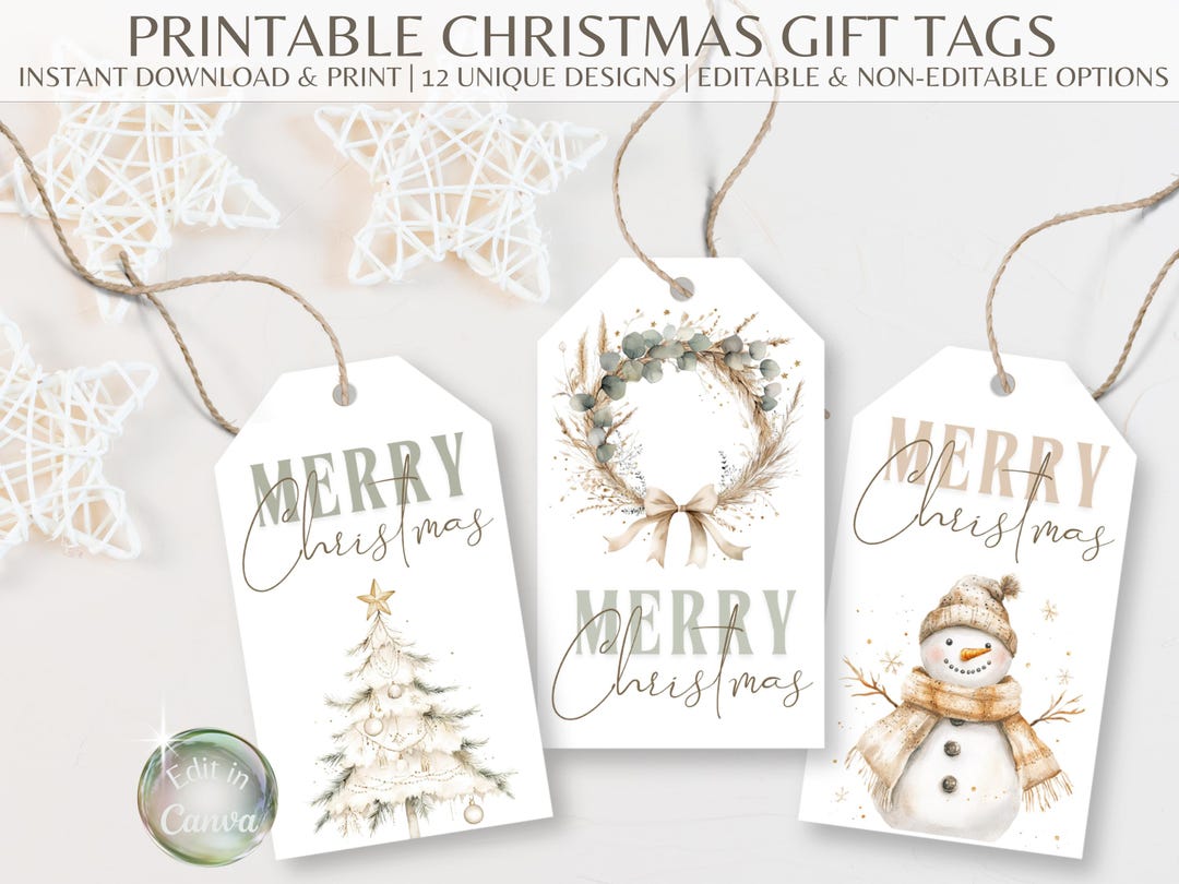 Christmas Gift Tags Printable, Boho Christmas, Elegant Christmas ...
