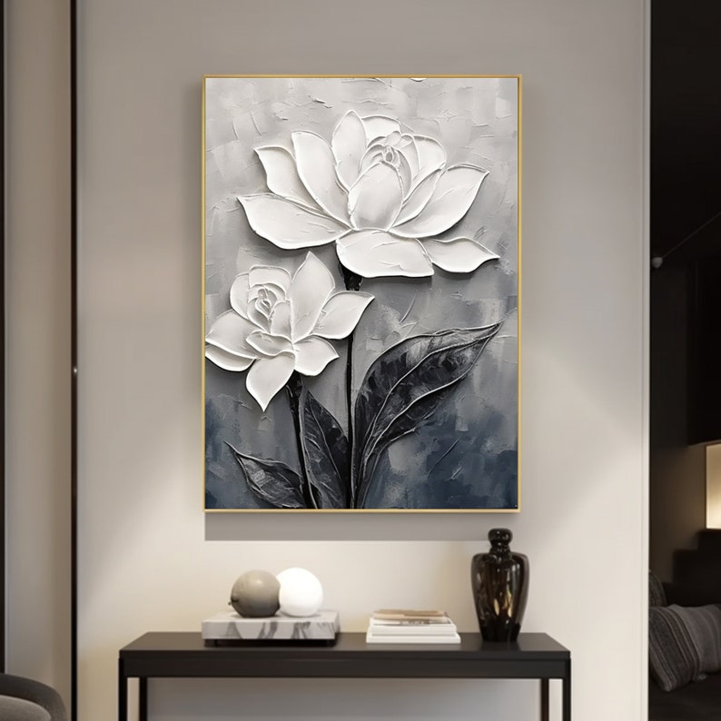 Large White Flower Texture Floral Acrylic Painting Heavy Texture Simple Art 3D Gray Art Palette ...