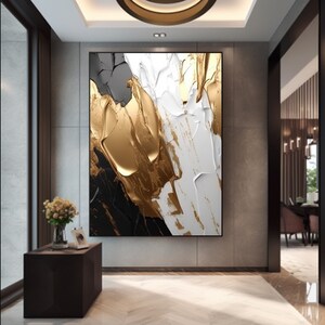 Large Gold Abstract Texture Painting, Black and White Original Abstract ...