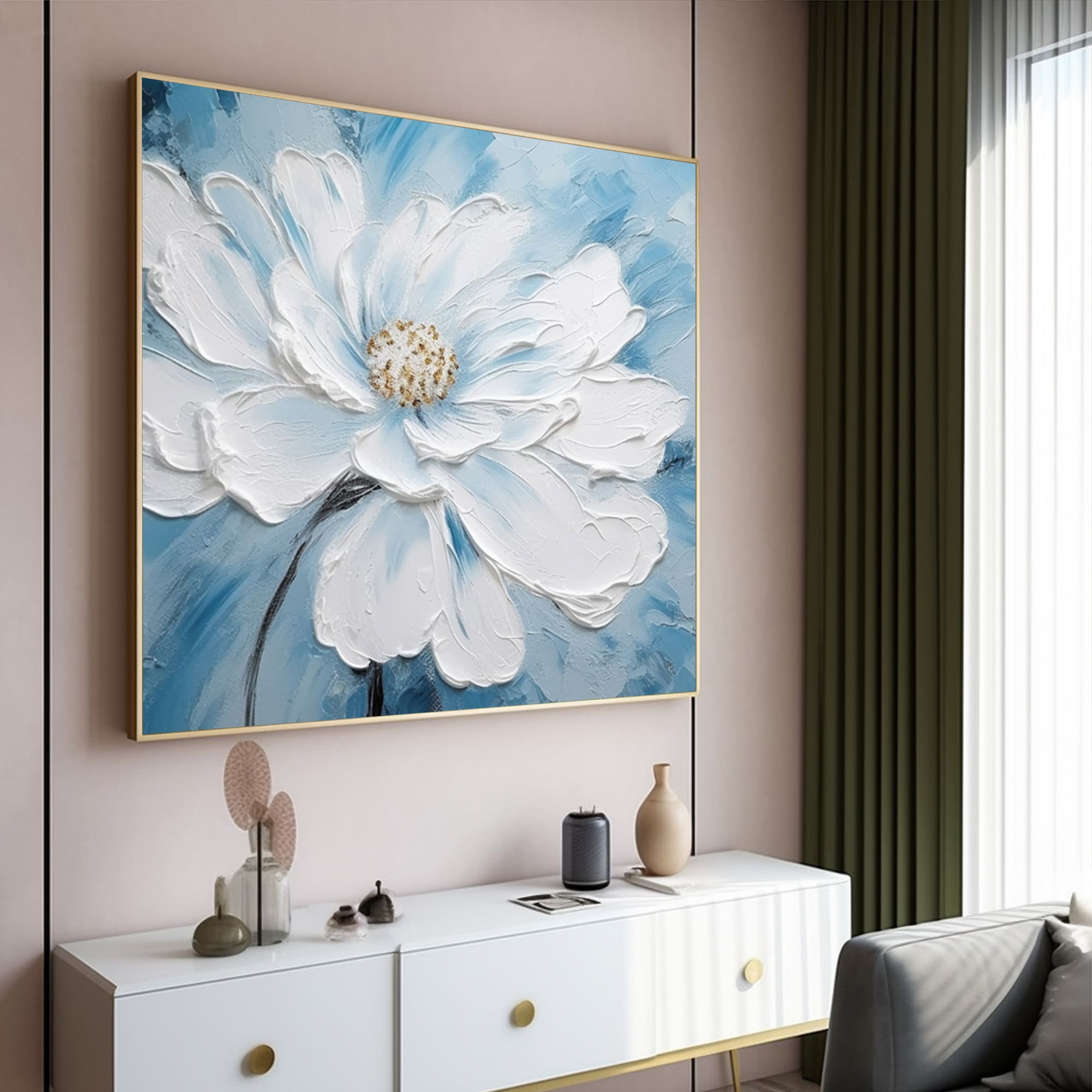Large 3D White and Blue Flower Oil Painting on Canvas, Original Heavy ...