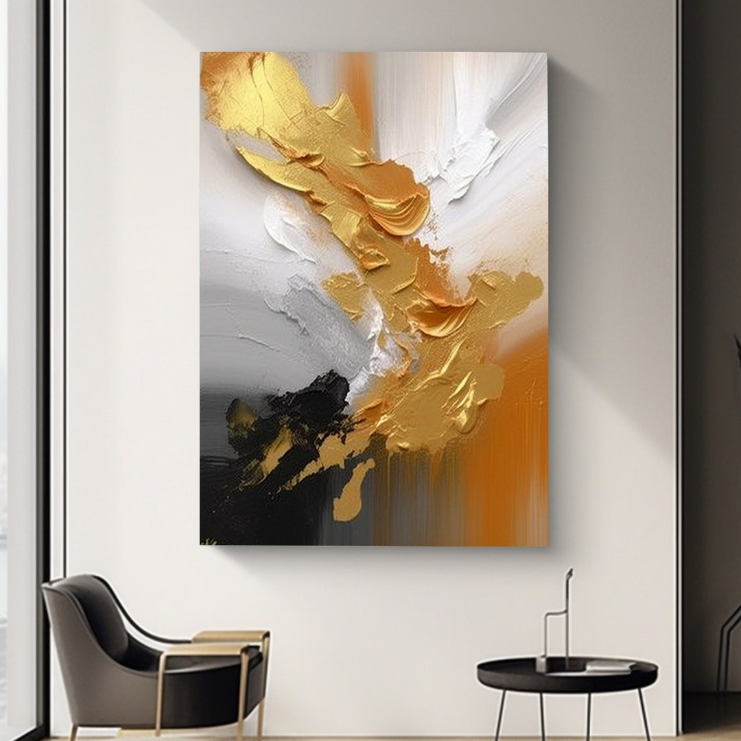 Large Gold Abstract Texture Painting, Black and White Original Heavy ...