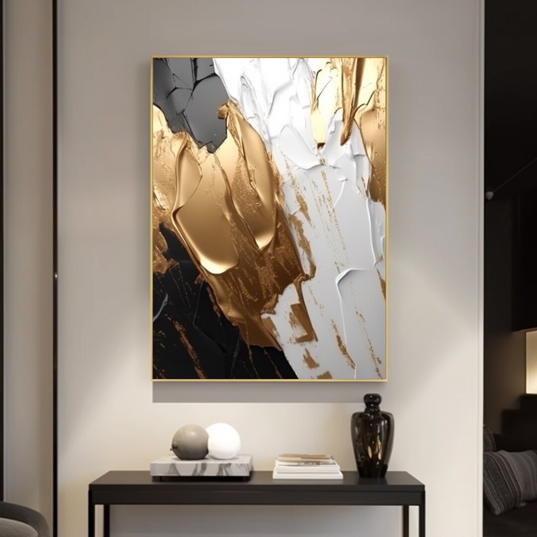 Large Gold Abstract Texture Painting, Black and White Original Abstract ...
