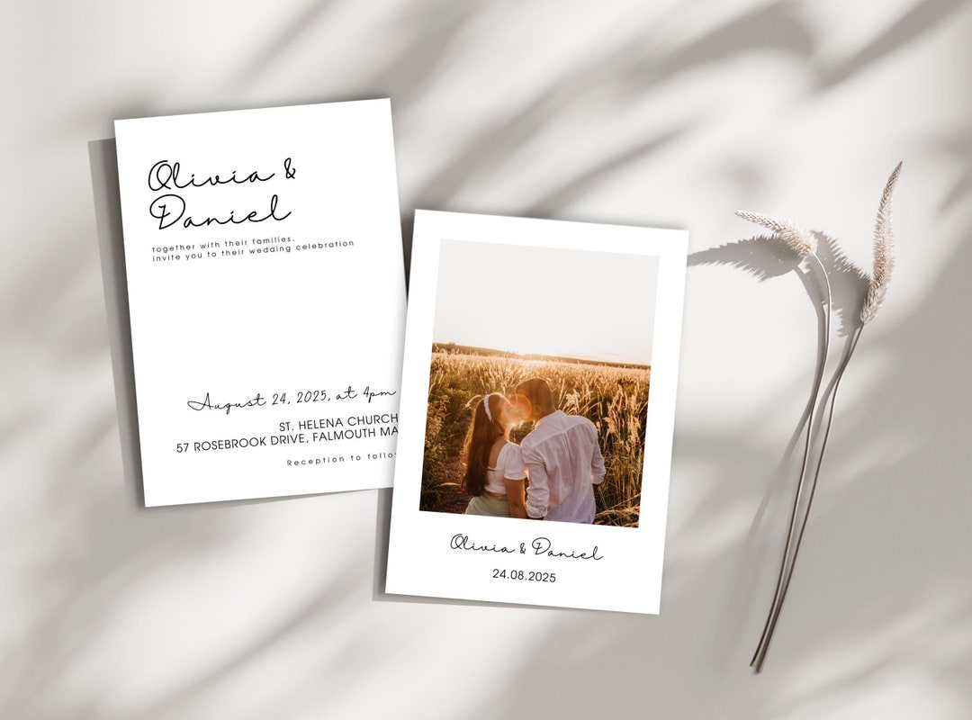 Minimalist Polaroid Wedding Invitation Modern Editable Canva Template ...