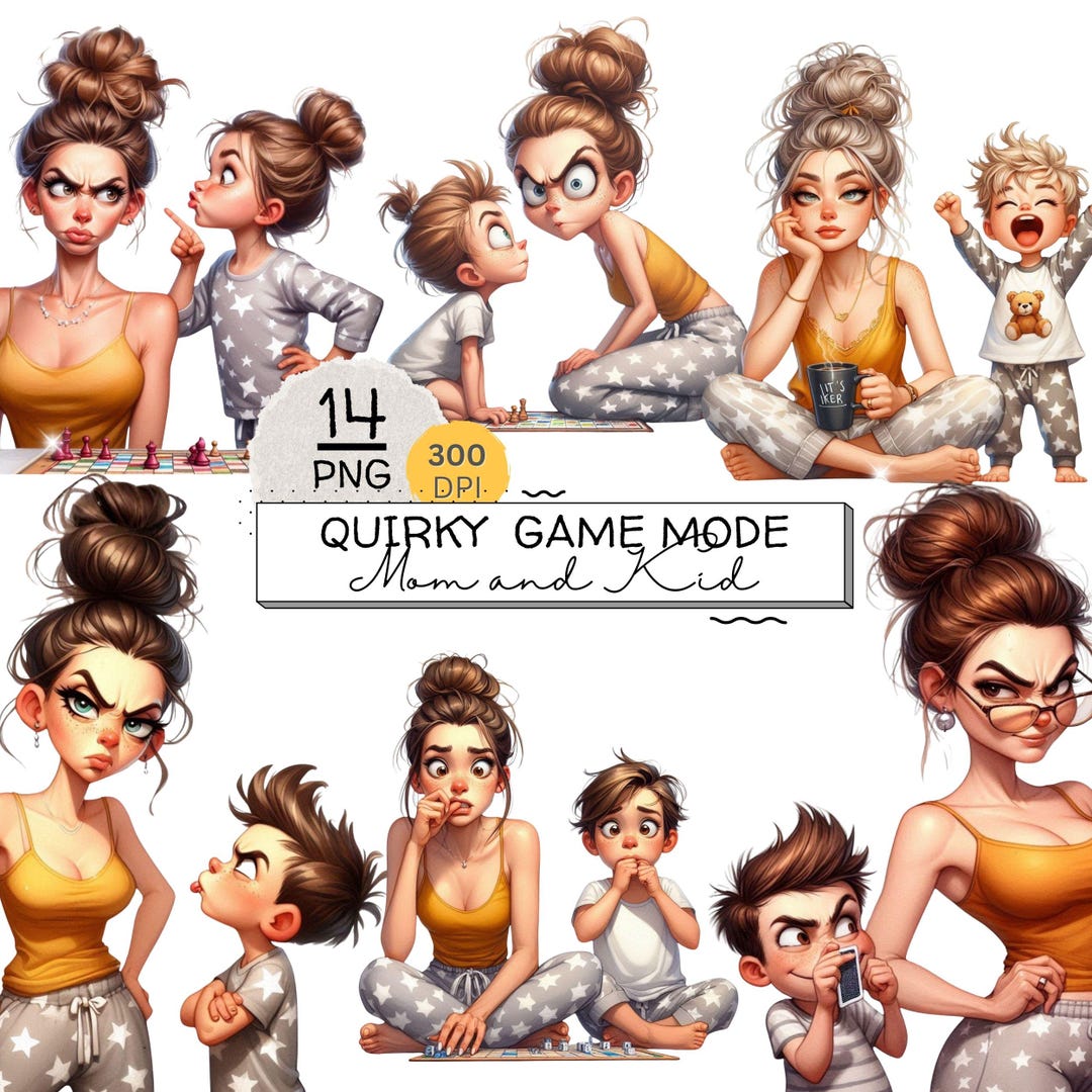 Quirky Game Mode Mom and Child Clipart, Funny Board Game Family PNG ...