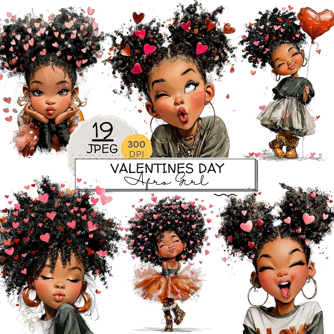 Valentines Day Afro Girl Clipart Bundle, Cute Black Girl Love ...