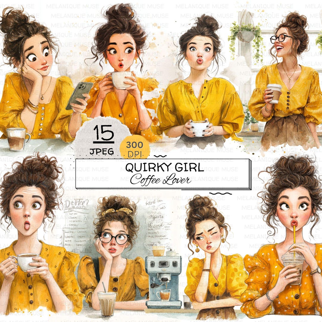 Caffeine Addict Girl Clipart, Quirky Coffee Girl JPEG Bundle, Woman ...