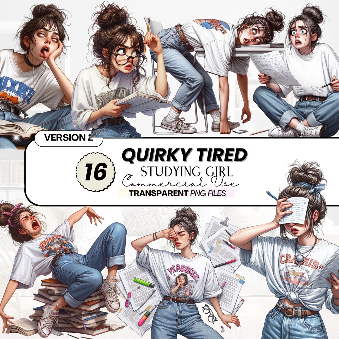 Exhausted College Student, Quirky Studying Girl Clipart, Sleepy Student ...