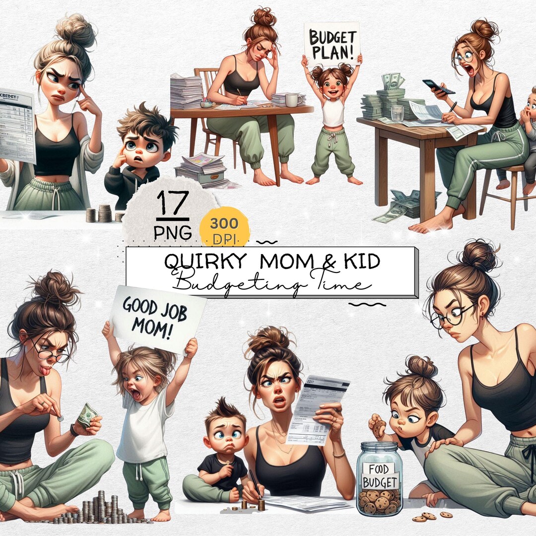 Quirky Mom and Child Budgeting Clipart, Funny Money Management PNG, Mom ...