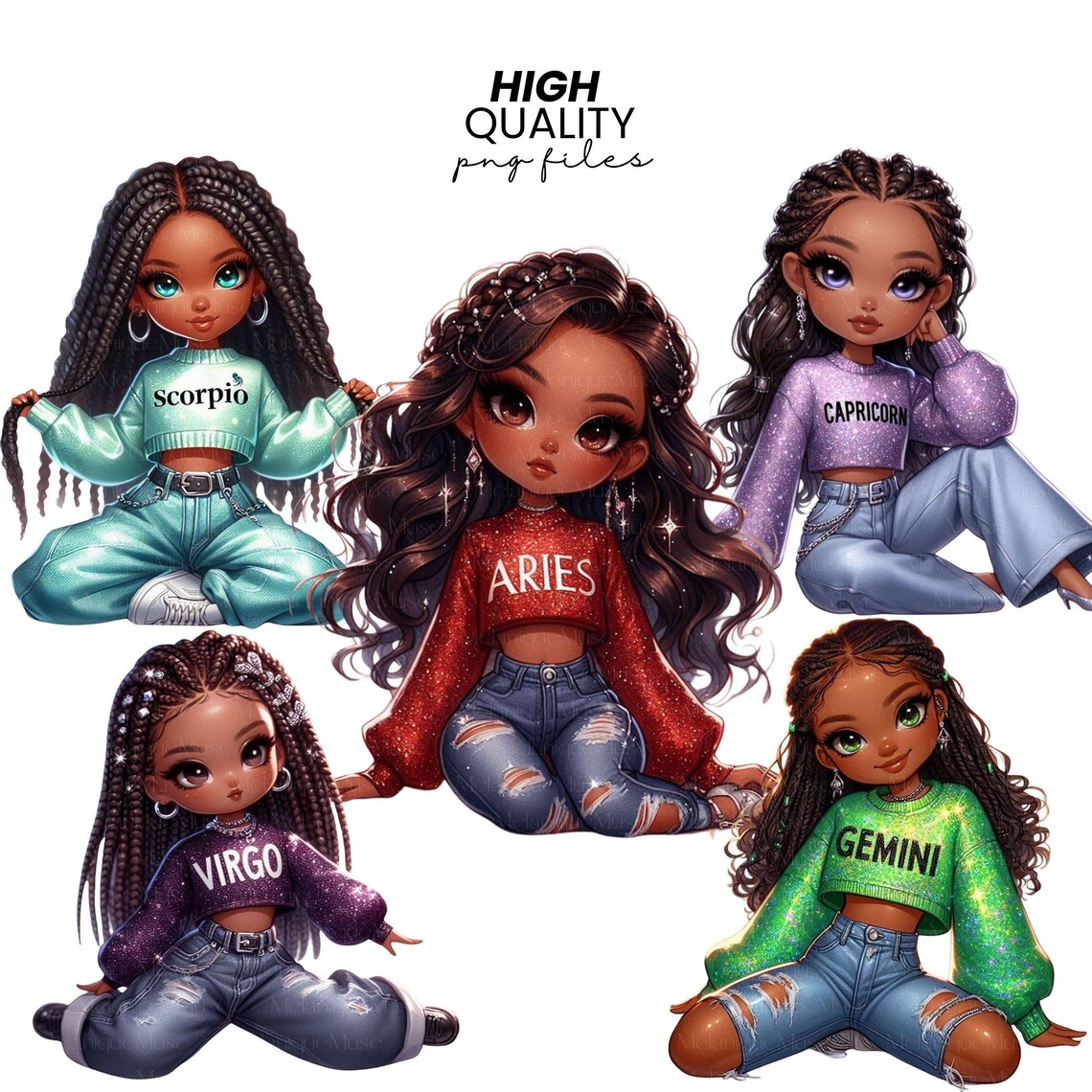 Black Girl Zodiac PNG African American Zodiac Bundle Set of 12 Clipart ...