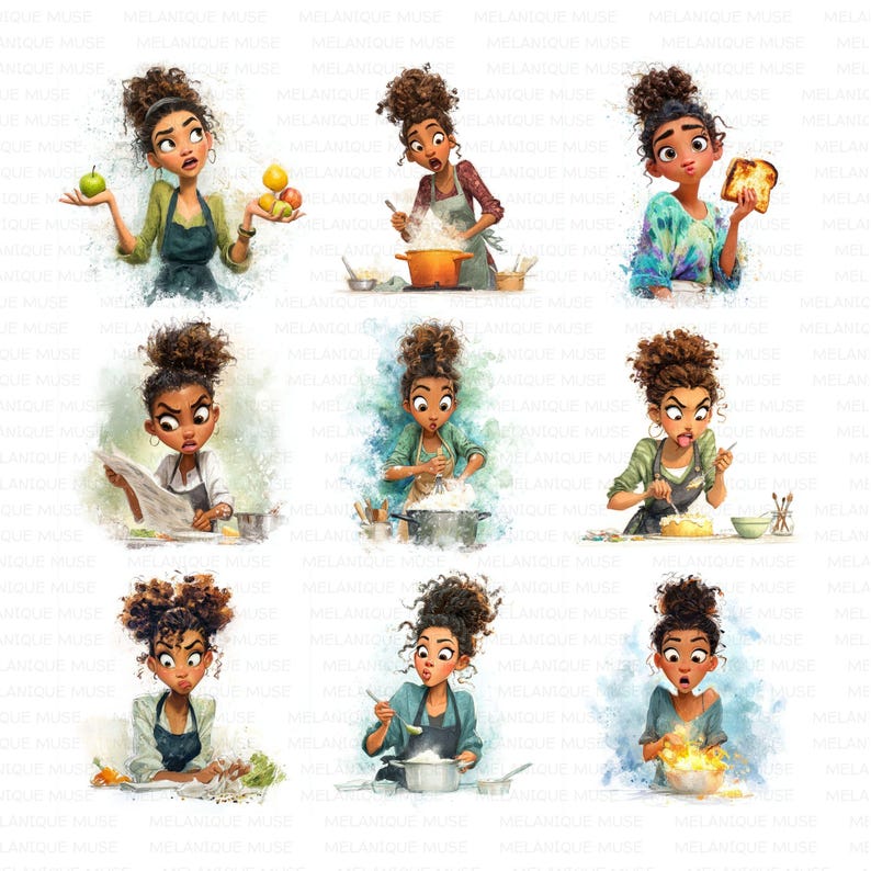 Cooking Black Woman Jpeg Clipart Bundle, Funny Black Girl Chef Cartoon ...