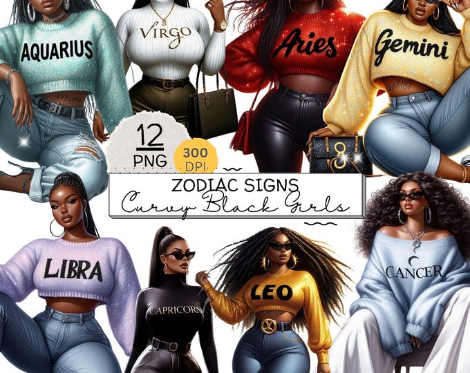Curvy Black Girl Zodiacs Clipart Bundle, Horoscope Signs, Astrological ...