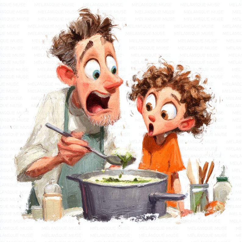 Funny Dad and Child Cooking Jpeg Clipart, Playful Kitchen Illustrations ...