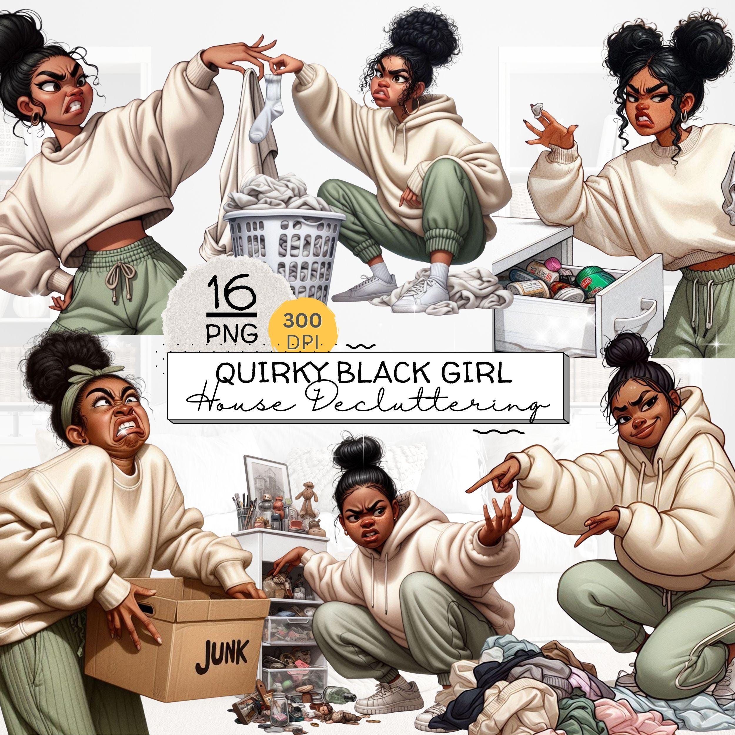Quirky Black Girl House Decluttering Clipart Bundle, Sassy Cleaning ...