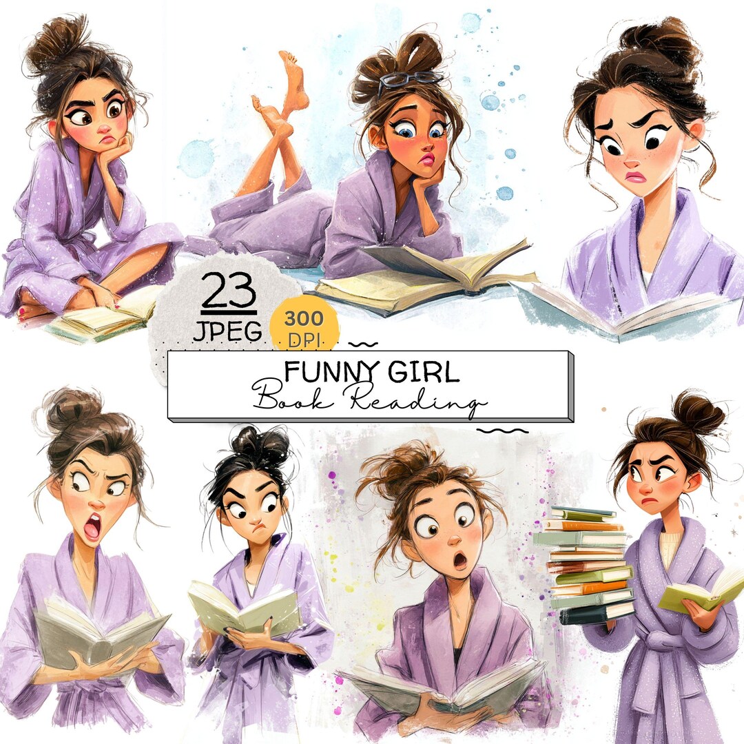 Funny Reading Girl Jpeg Clipart, Cozy Cartoon Book Lover, Quirky Girl ...