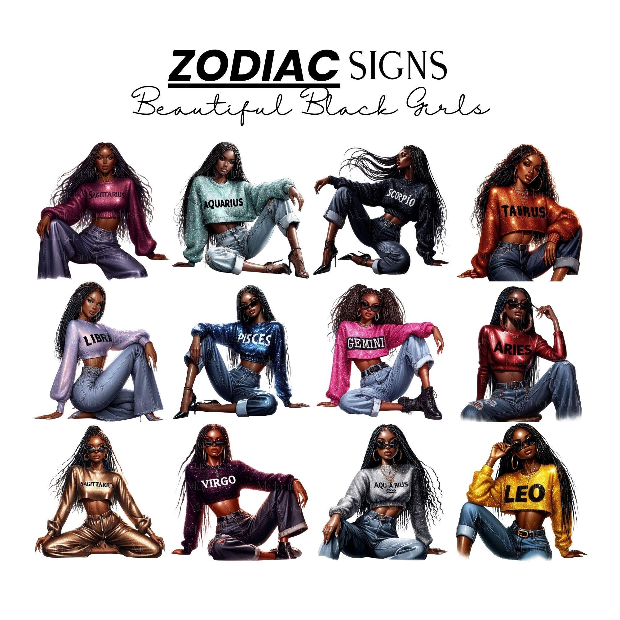 Black Girl Zodiacs Clipart Bundle, Horoscope Signs PNG, Astrological ...
