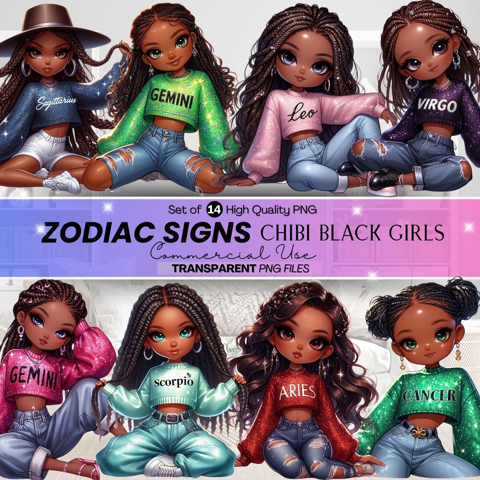 Black Girl Zodiac PNG African American Zodiac Bundle Set of 12 Clipart ...