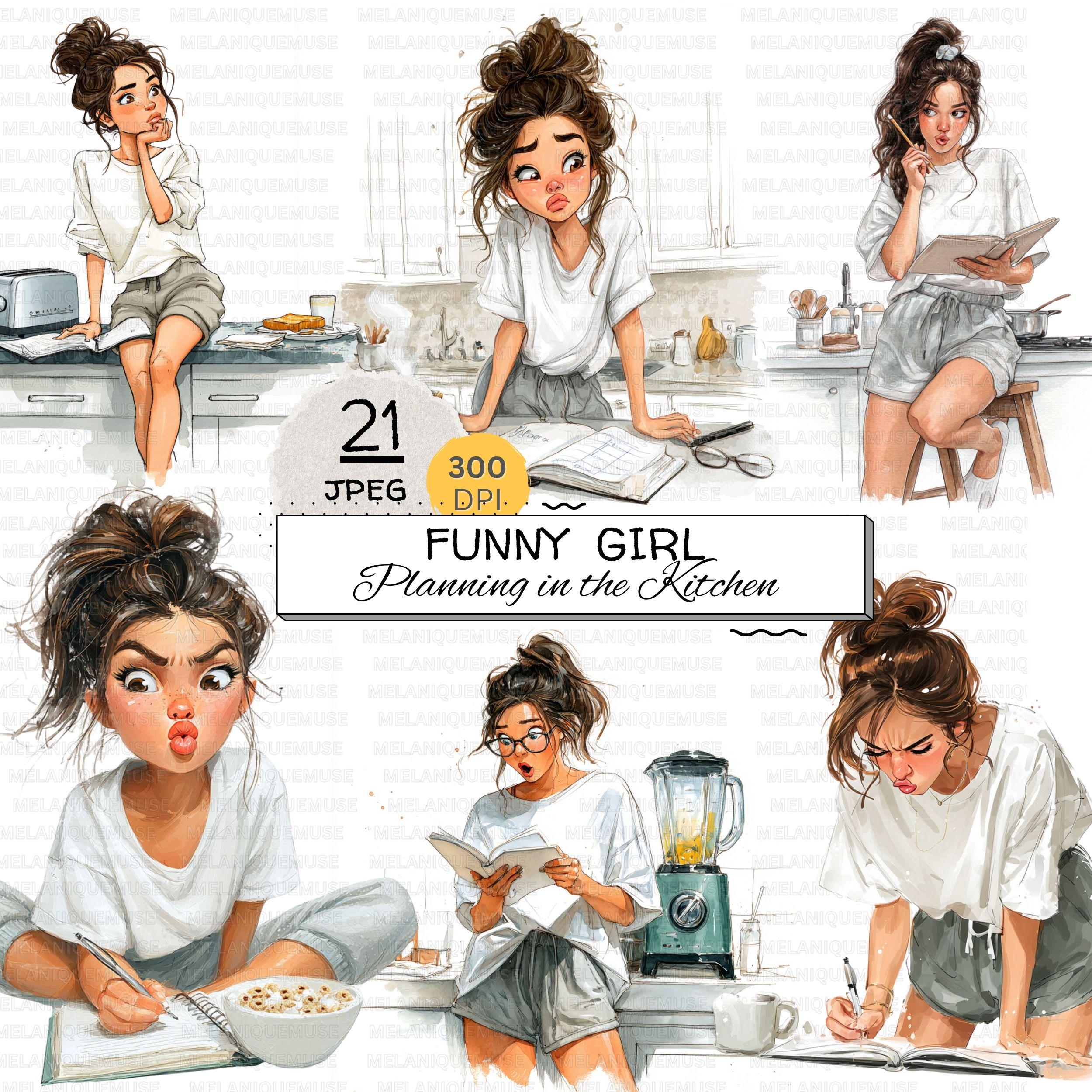 Funny Planner Girl Clipart Bundle, Kitchen Planning, Quirky Girl ...