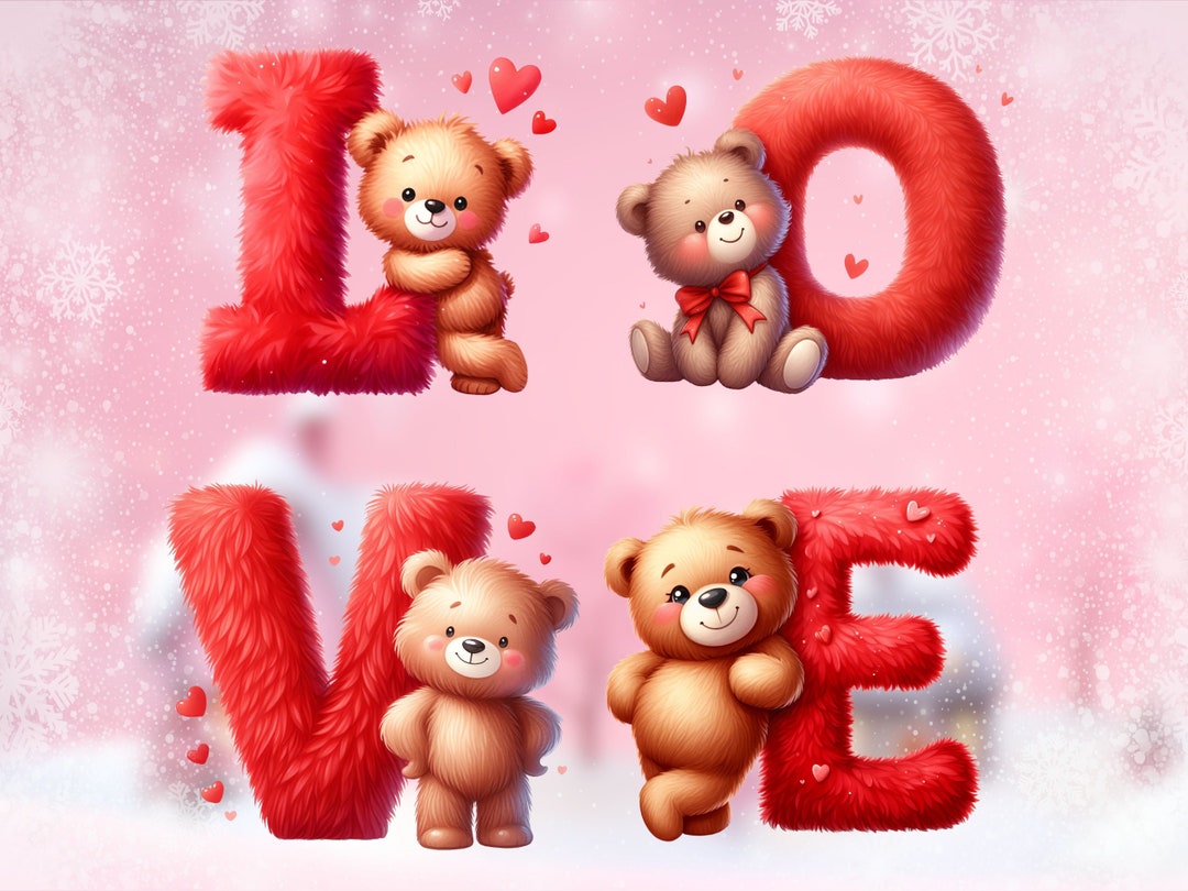Watercolor Valentine Teddy Bear Alphabet Clipart Set, 48 PNG Cute Teddy ...