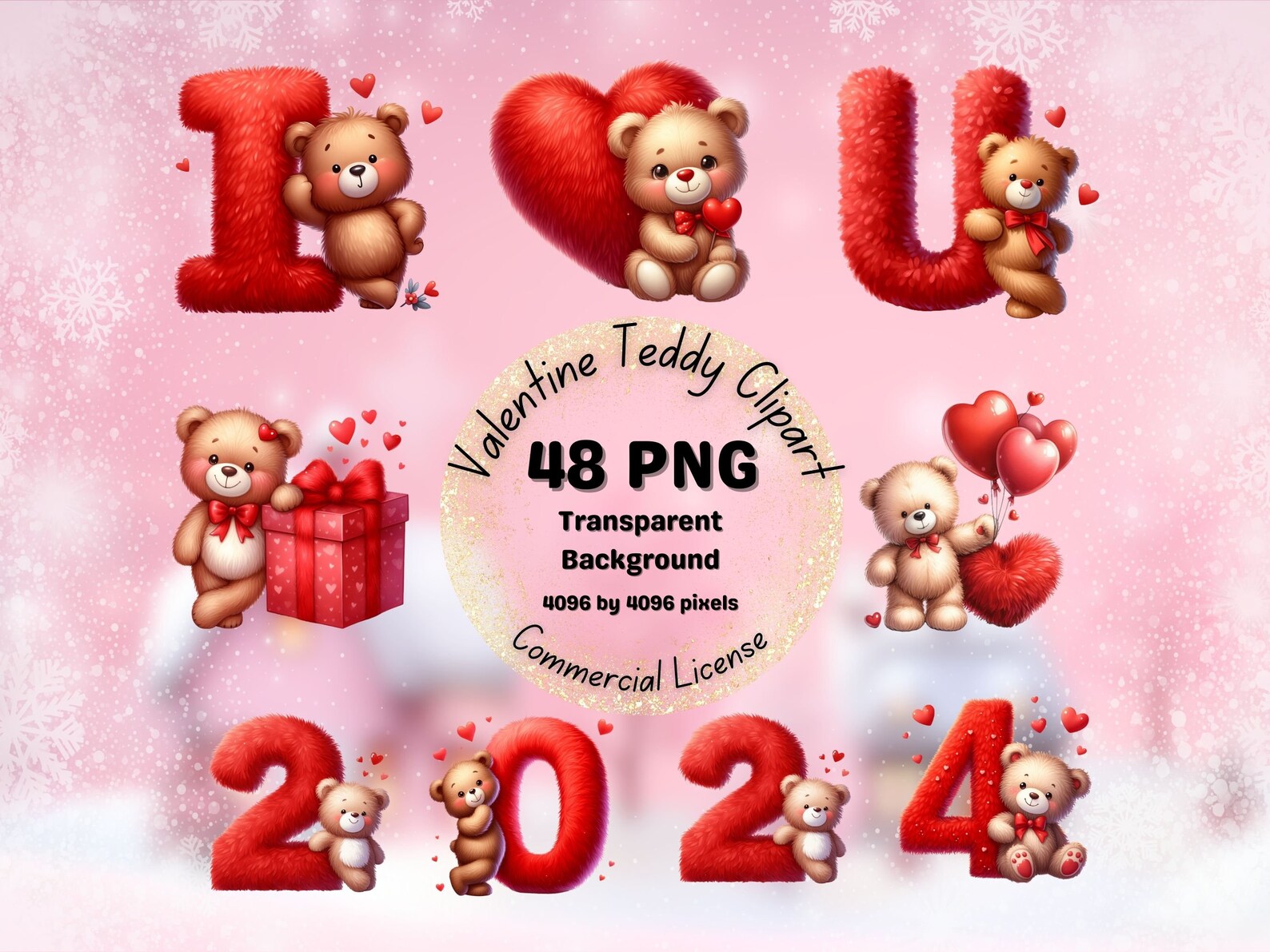 Watercolor Valentine Teddy Bear Alphabet Clipart Set, 48 PNG Cute Teddy ...