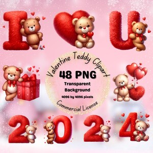 Watercolor Valentine Teddy Bear Alphabet Clipart Set, 48 PNG Cute Teddy ...