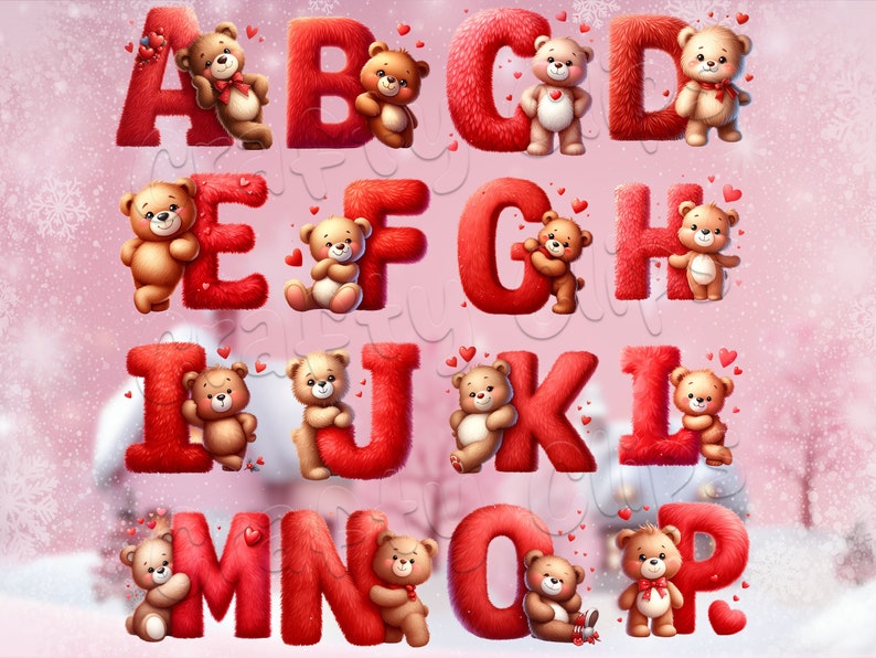 Watercolor Valentine Teddy Bear Alphabet Clipart Set, 48 PNG Cute Teddy ...