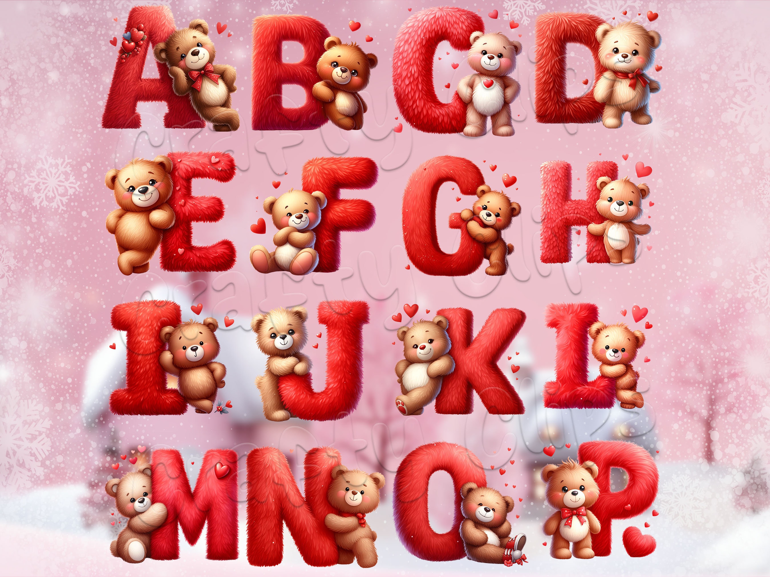 Watercolor Valentine Teddy Bear Alphabet Clipart Set, 48 PNG Cute Teddy ...