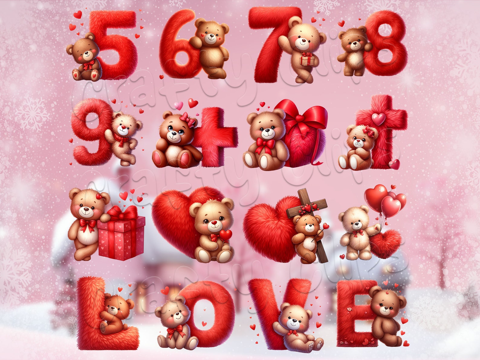 Watercolor Valentine Teddy Bear Alphabet Clipart Set, 48 PNG Cute Teddy ...