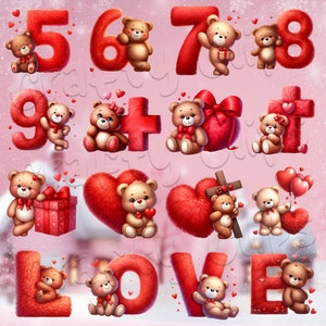 Watercolor Valentine Teddy Bear Alphabet Clipart Set, 48 PNG Cute Teddy ...