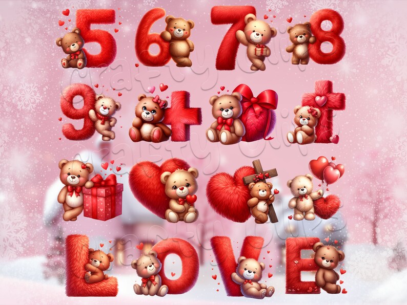 Watercolor Valentine Teddy Bear Alphabet Clipart Set, 48 PNG Cute Teddy ...