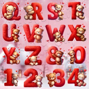 Watercolor Valentine Teddy Bear Alphabet Clipart Set, 48 PNG Cute Teddy ...