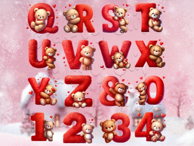Watercolor Valentine Teddy Bear Alphabet Clipart Set, 48 PNG Cute Teddy ...