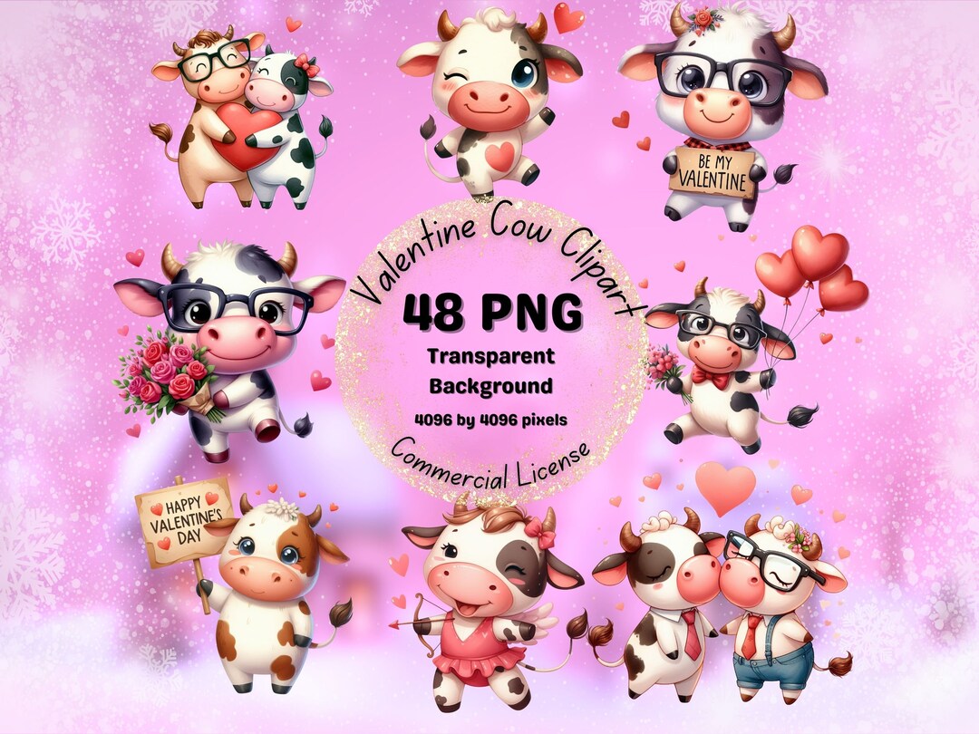 Watercolor Valentines Cow Clipart, Couples Valentine Clipart ...