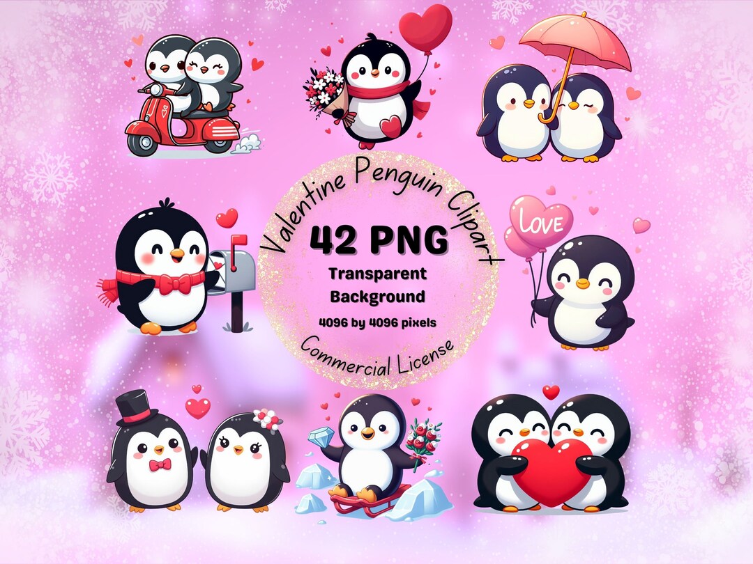 Watercolor Valentines Penguin Clipart, Couples Valentine Clipart ...