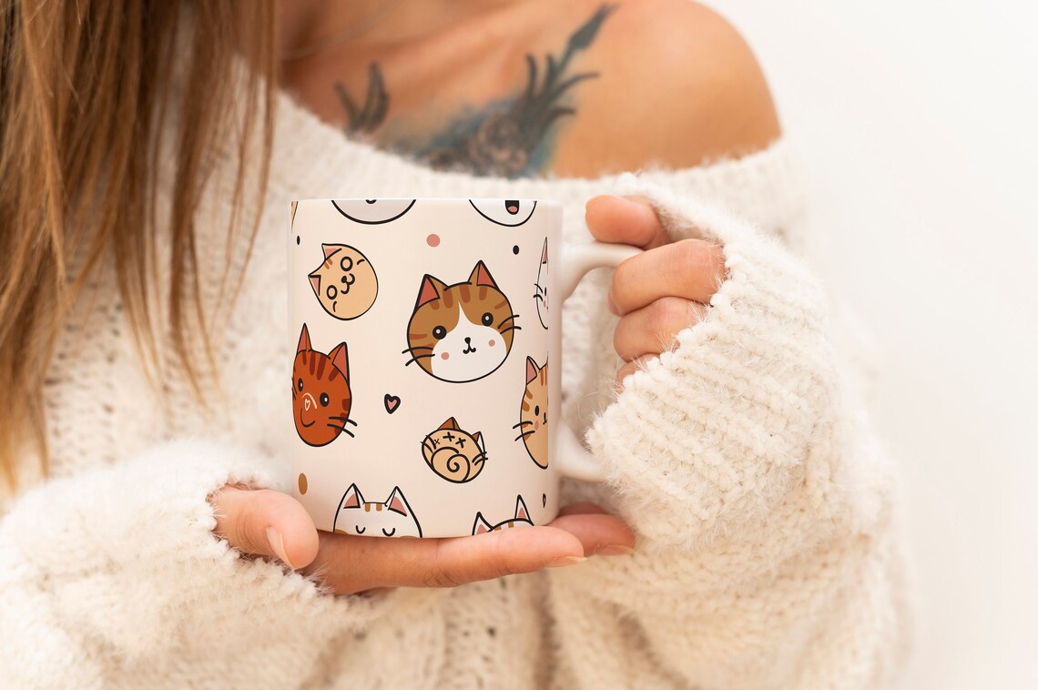 Kawaii Cat Mug Cute Mug Aesthetic Funny Cat Cup Cute Pattern Cat Mug ...