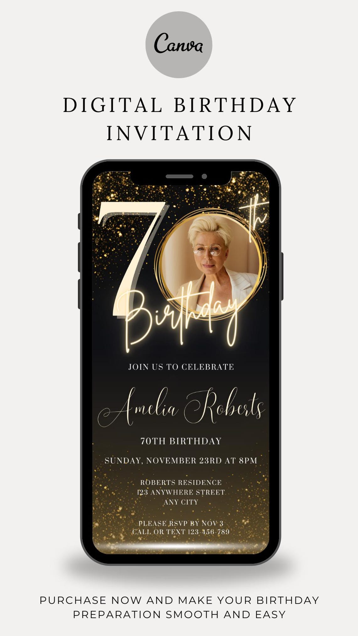 Digital 70th Birthday Invitation for Women Editable 70th Invite Evite ...