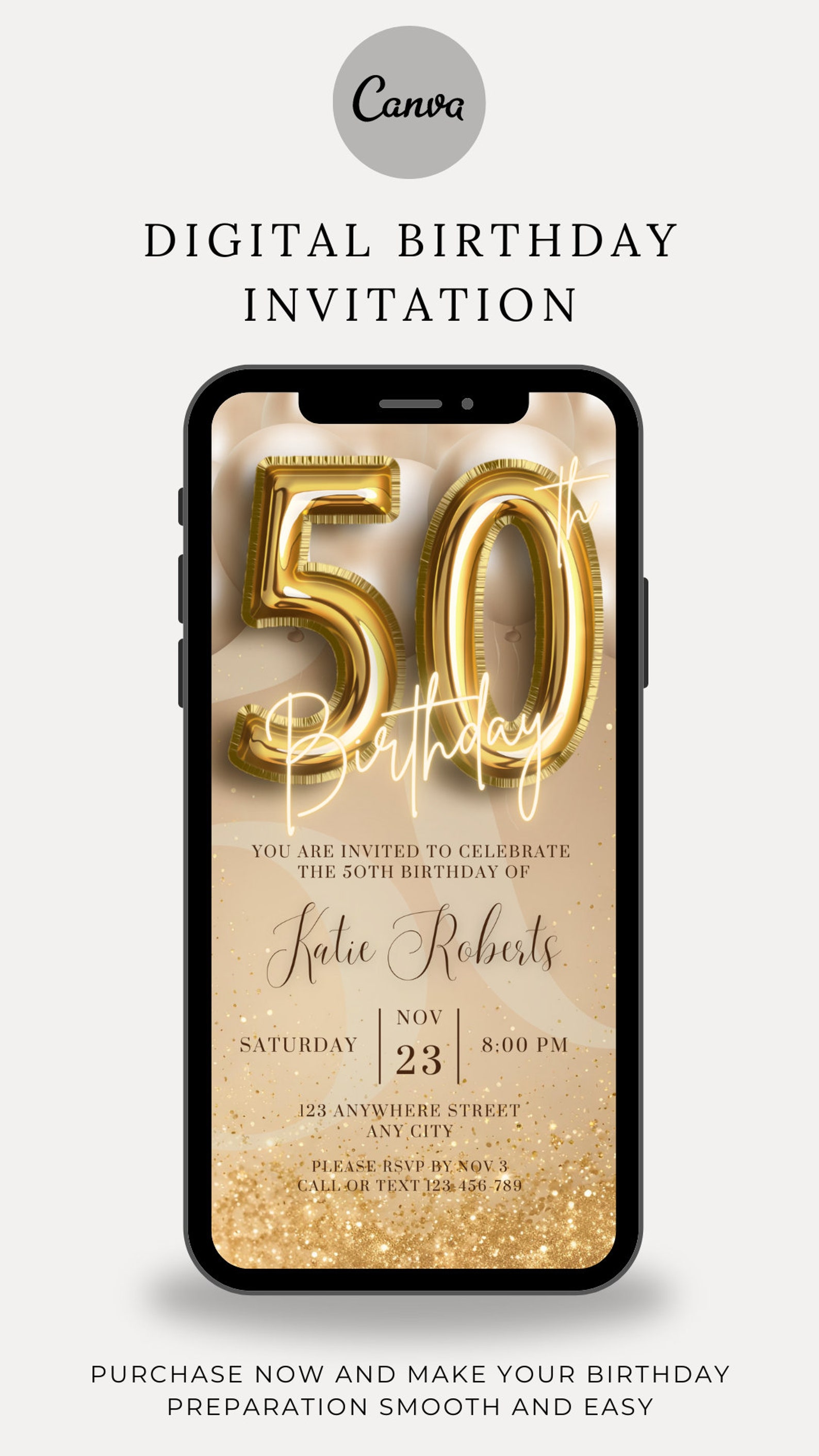 Digital 50th Birthday Invitation for Women Editable 50th Invite Evite ...