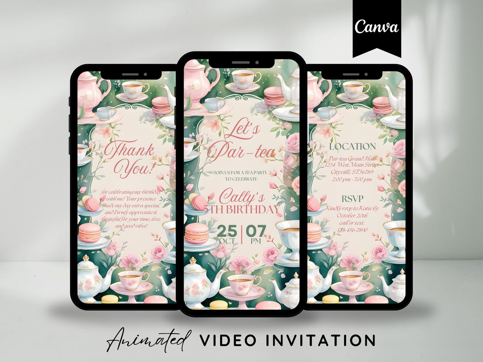 Editable Pink Tea Party Invitation Whimsical Floral Birthday Invite ...