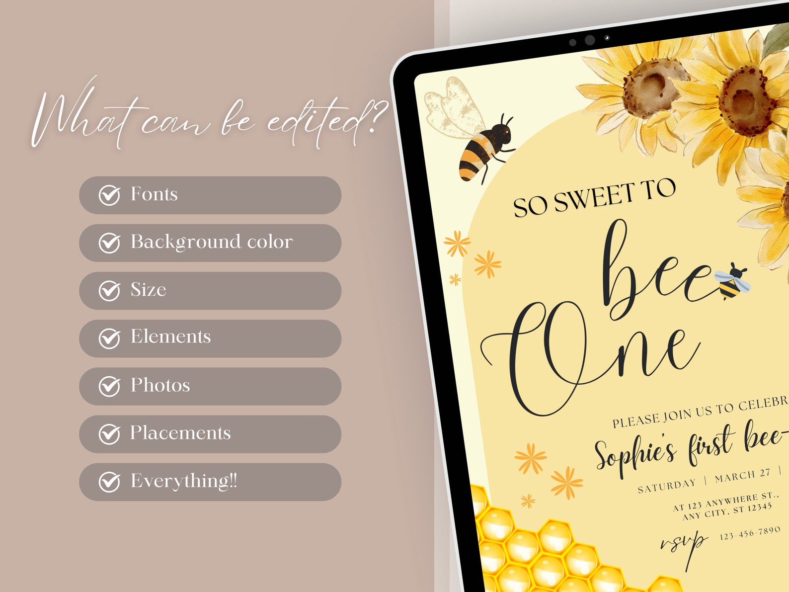 Bee Invitation Template Editable Birthday Party Invitation Digital Kids ...