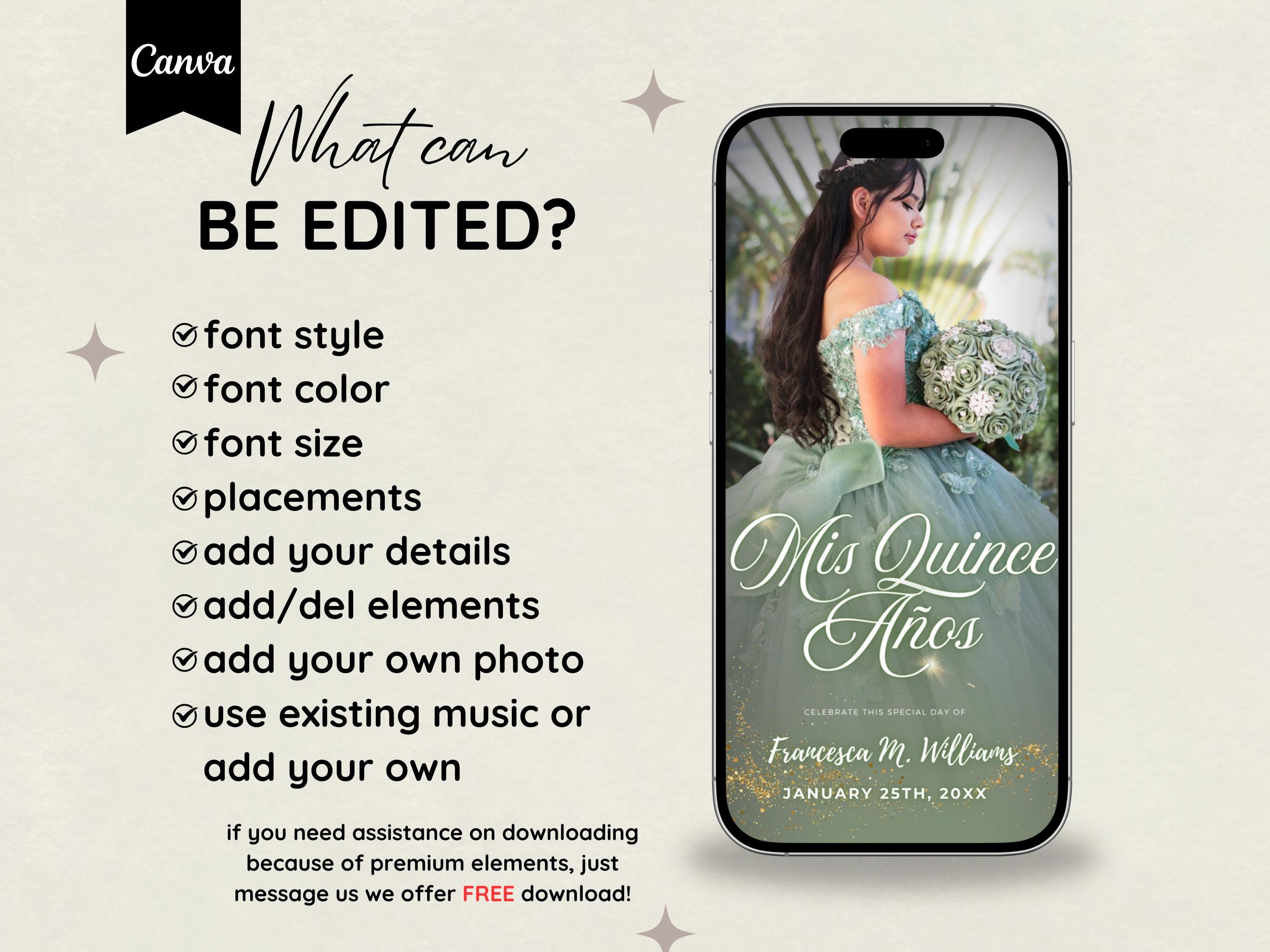 Digital Quinceanera Invitation, Sage Green Quinceañera Video Invite ...