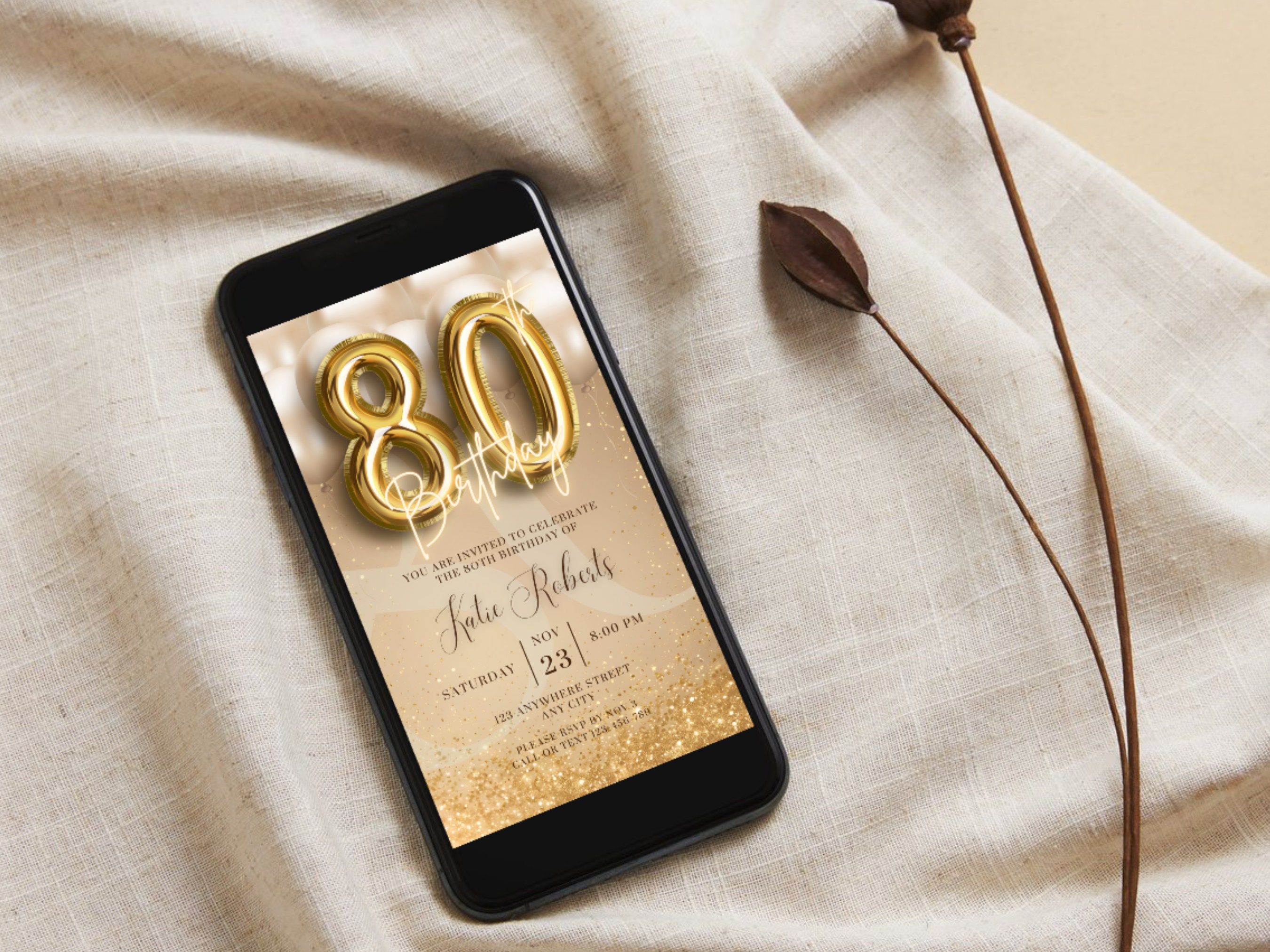 Digital 80th Birthday Invitation for Women Editable 80th Invite Evite ...